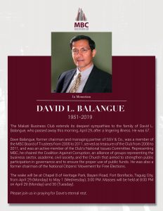 IN MEMORIAM: DAVID L. BALANGUE, 1951-2019 – Makati Business Club | non ...